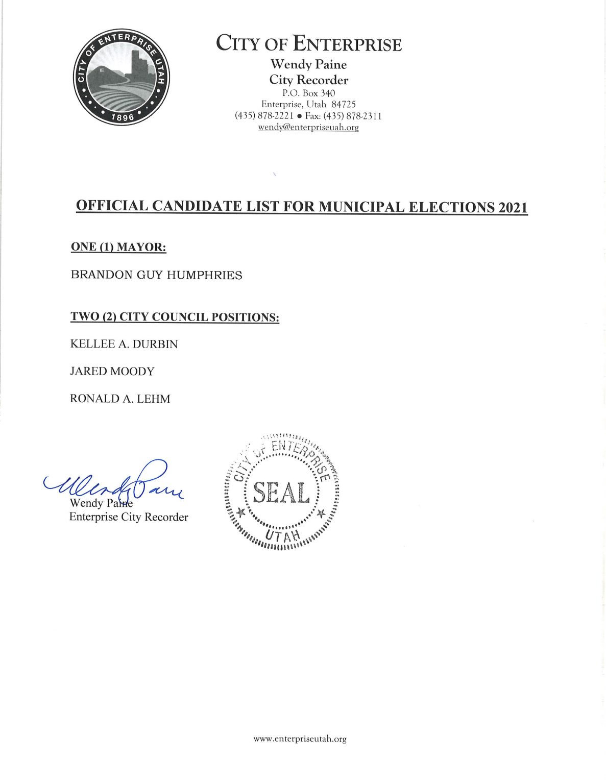 official candidate list – City of Enterprise, Utah